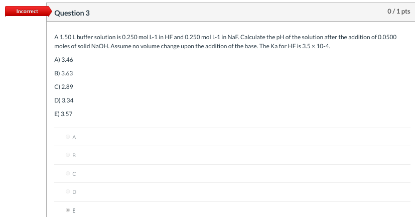 Solved 0/1 pts Incorrect Question 3 A 1.50 L buffer solution | Chegg.com