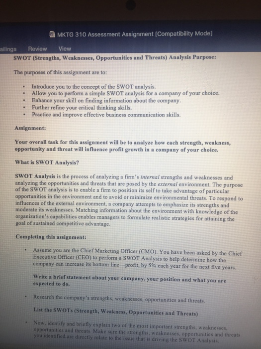 Solved MKTG 310 Assessment Assignment (Compatibility Mode | Chegg.com