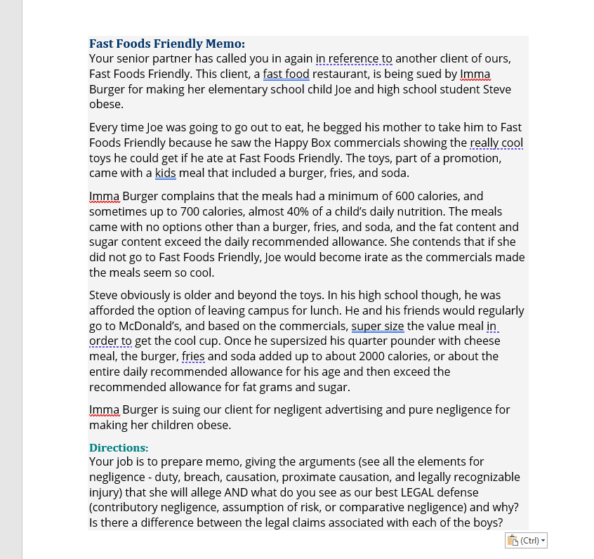 Solved Fast Foods Friendly Memo: Your senior partner has | Chegg.com