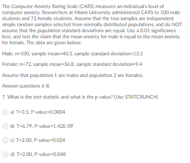 Solved The Computer Anxiety Rating Scale (CARS) measures an | Chegg.com