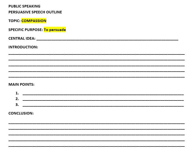 Solved PUBLIC SPEAKING PERSUASIVE SPEECH OUTLINE TOPIC: | Chegg.com
