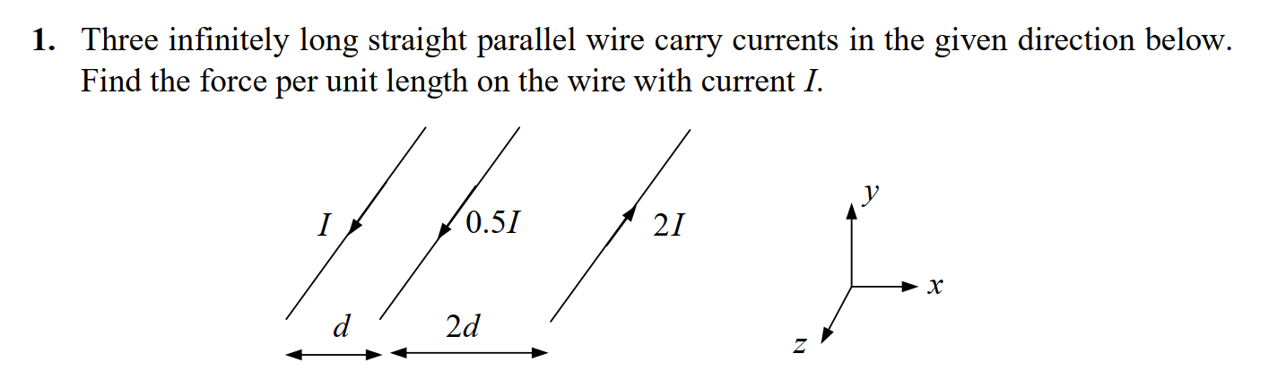 Solved 1. Three infinitely long straight parallel wire carry | Chegg.com