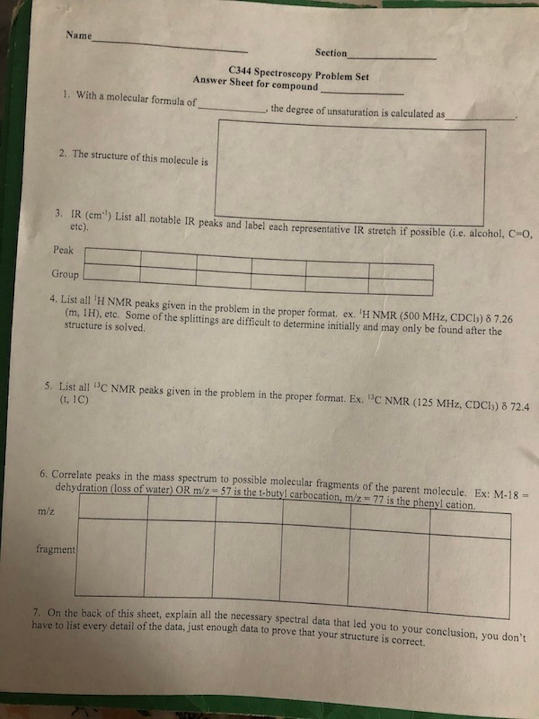 Name Section C344 Spectroscopy Problem Set Answer | Chegg.com