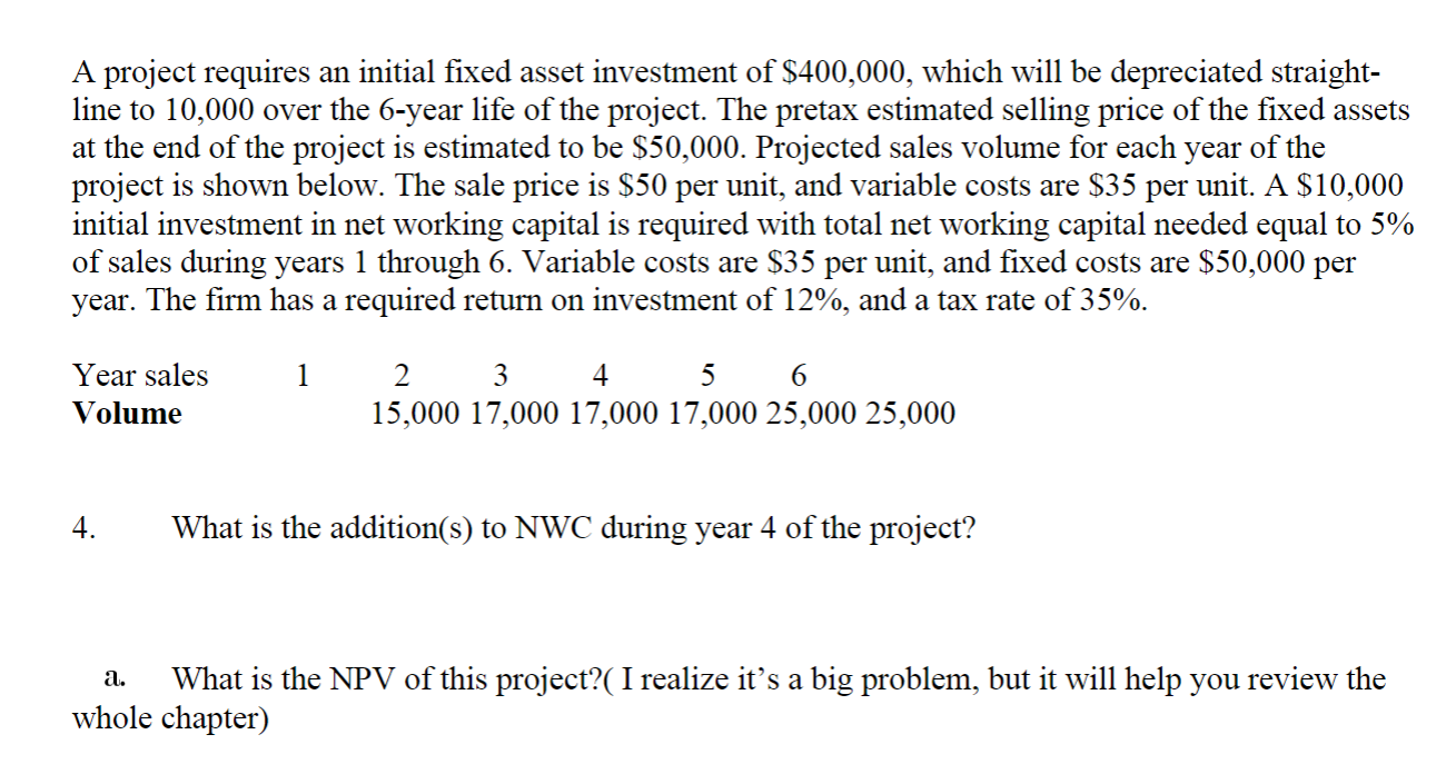 Solved A project requires an initial fixed asset investment | Chegg.com