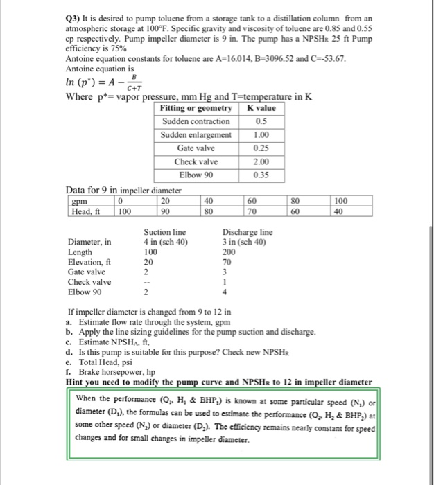 Q3) It is desired to pump toluene from a storage tank | Chegg.com