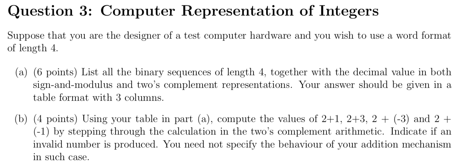 Question 3: Computer Representation of Integers | Chegg.com