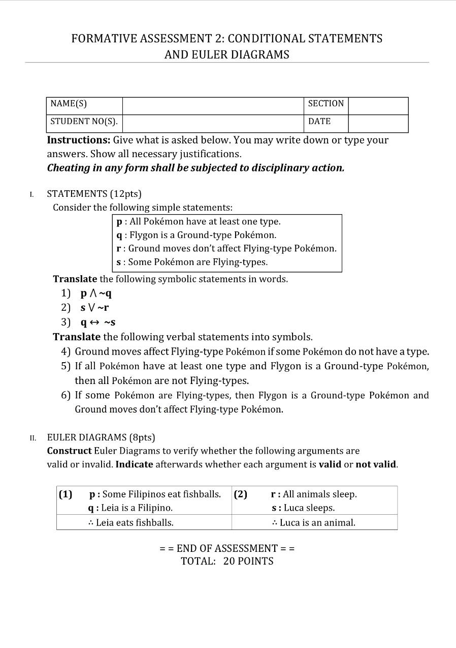 Solved FORMATIVE ASSESSMENT 2: CONDITIONAL STATEMENTS AND | Chegg.com