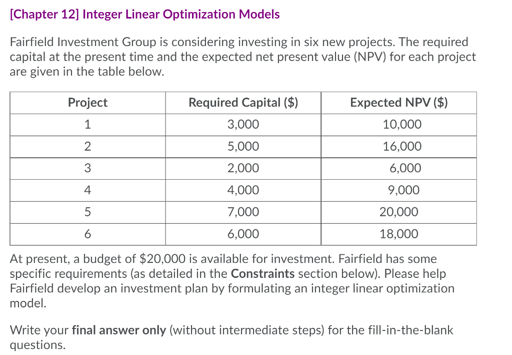 Solved [Chapter 12] Integer Linear Optimization Models | Chegg.com