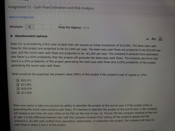 Solved Assignment 12-Cash Flow Estimation and Risk Analysis | Chegg.com