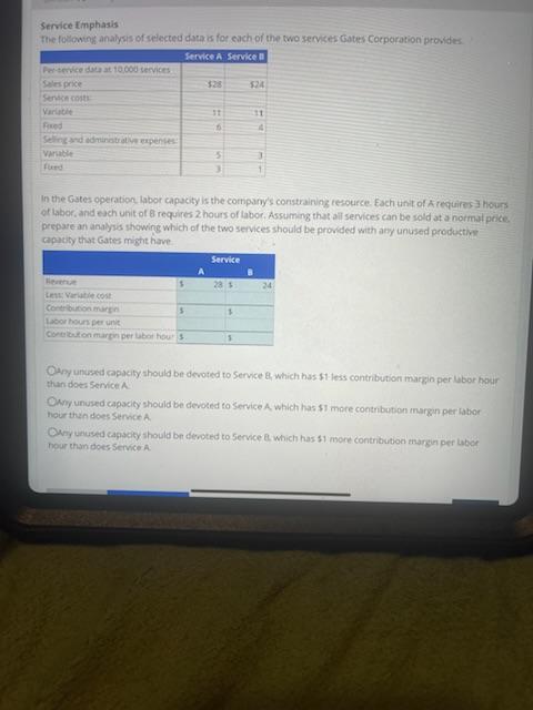 Solved Service Emphasis the foloming analysis of selected | Chegg.com