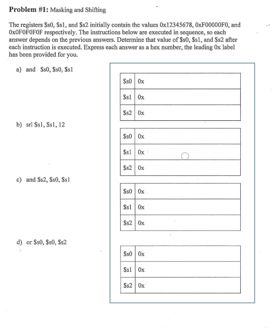 Solved Problem \#1: Masking and Shifting The registers $ | Chegg.com