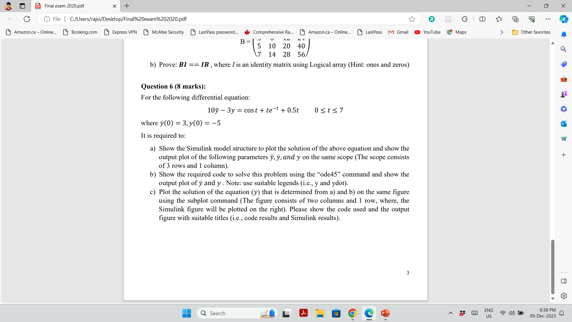 Solved For the following differential equation: 10𝑦ሷെ 3𝑦 ൌ | Chegg.com