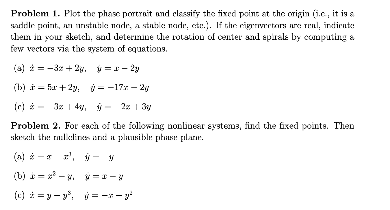 Solved Problem 1 Plot The Phase Portrait And Classify The