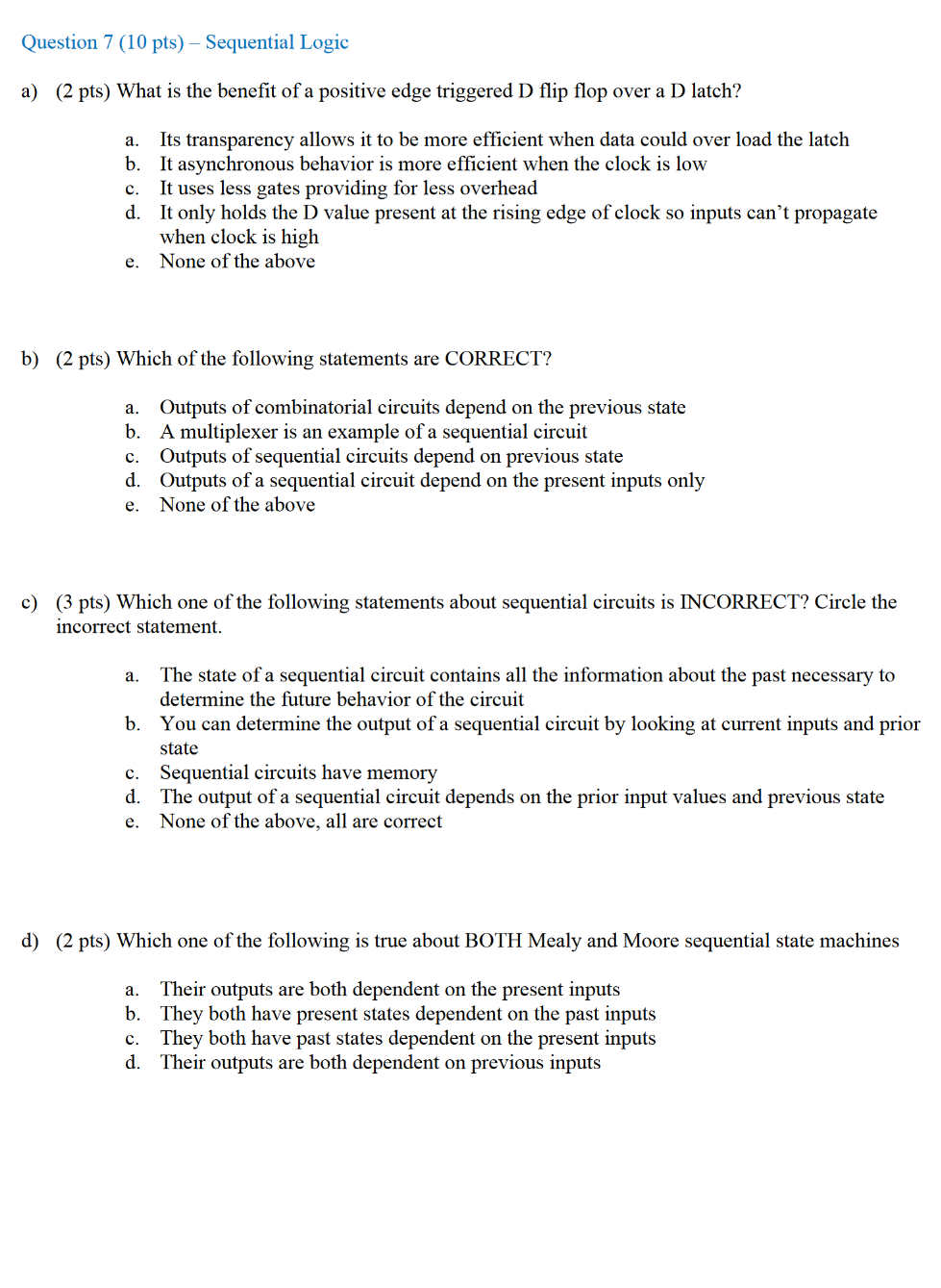Solved Question 7 (10 pts) - Sequential Logic a) (2 pts) | Chegg.com