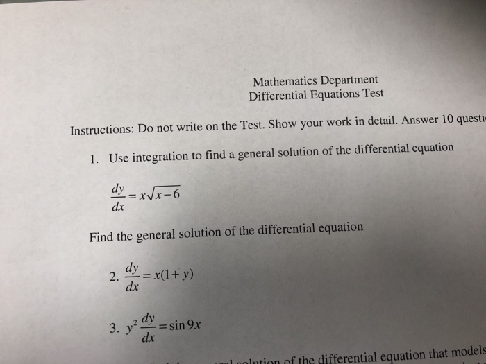 Solved Mathematics Department Differential Equations Test | Chegg.com