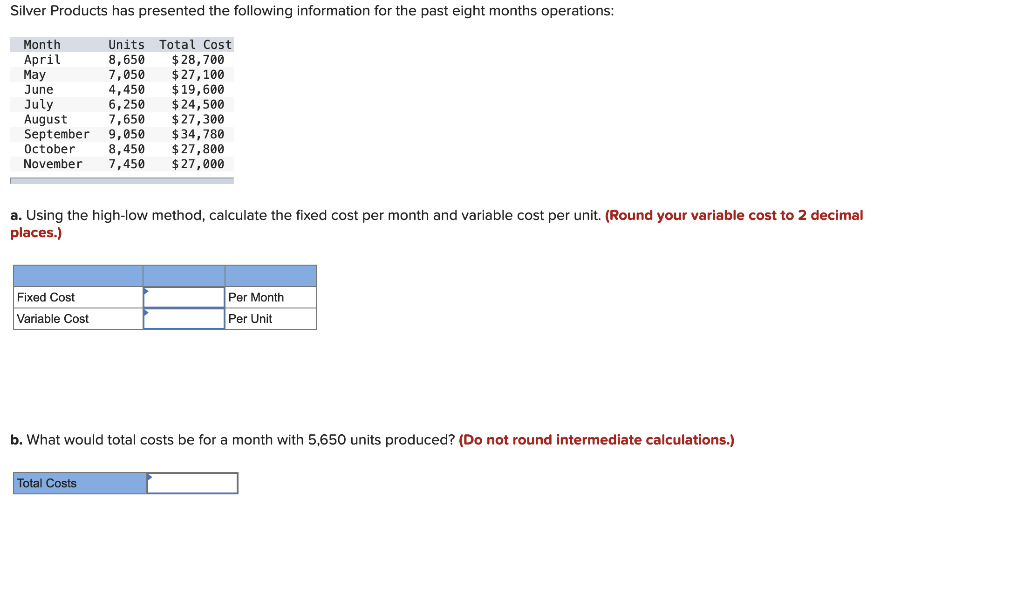 Solved a. Using the high-low method, calculate the fixed | Chegg.com