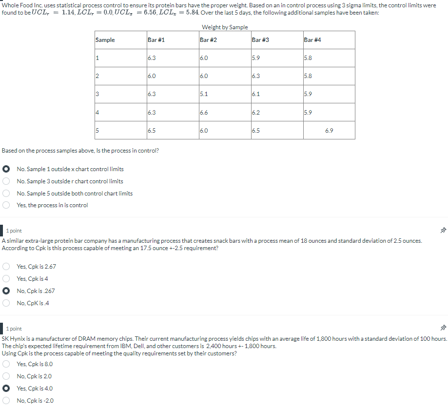 Solved Whole Food Inc. uses statistical process control to | Chegg.com