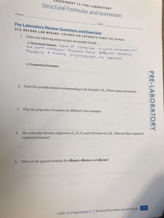 Solved EXPERIMENT 15: PRE-LABORATORY Structural Formulas and | Chegg.com