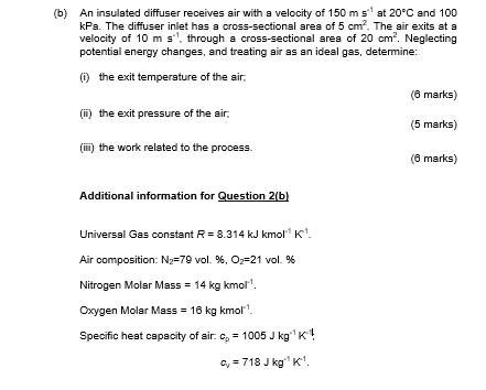 Solved (b) An insulated diffuser receives air with a | Chegg.com