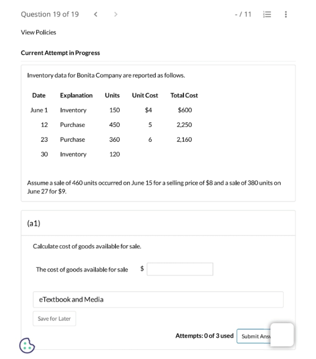 Solved Current Attempt in Progress Inventory data for Bonita | Chegg.com