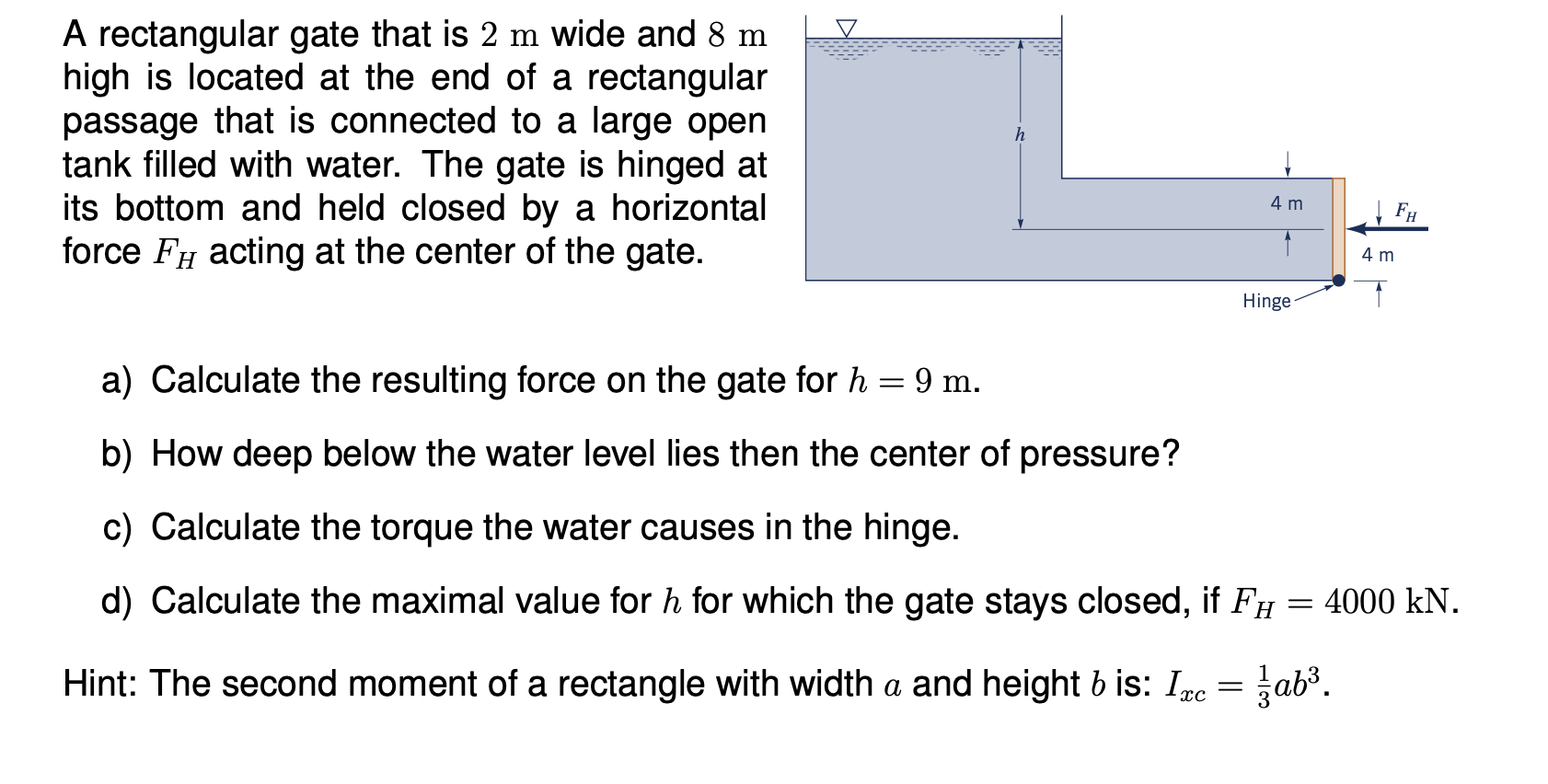 Solved V h A rectangular gate that is 2 m wide and 8 m high | Chegg.com