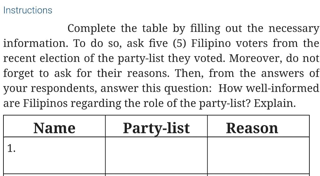 Instructions Complete the table by filling out the | Chegg.com
