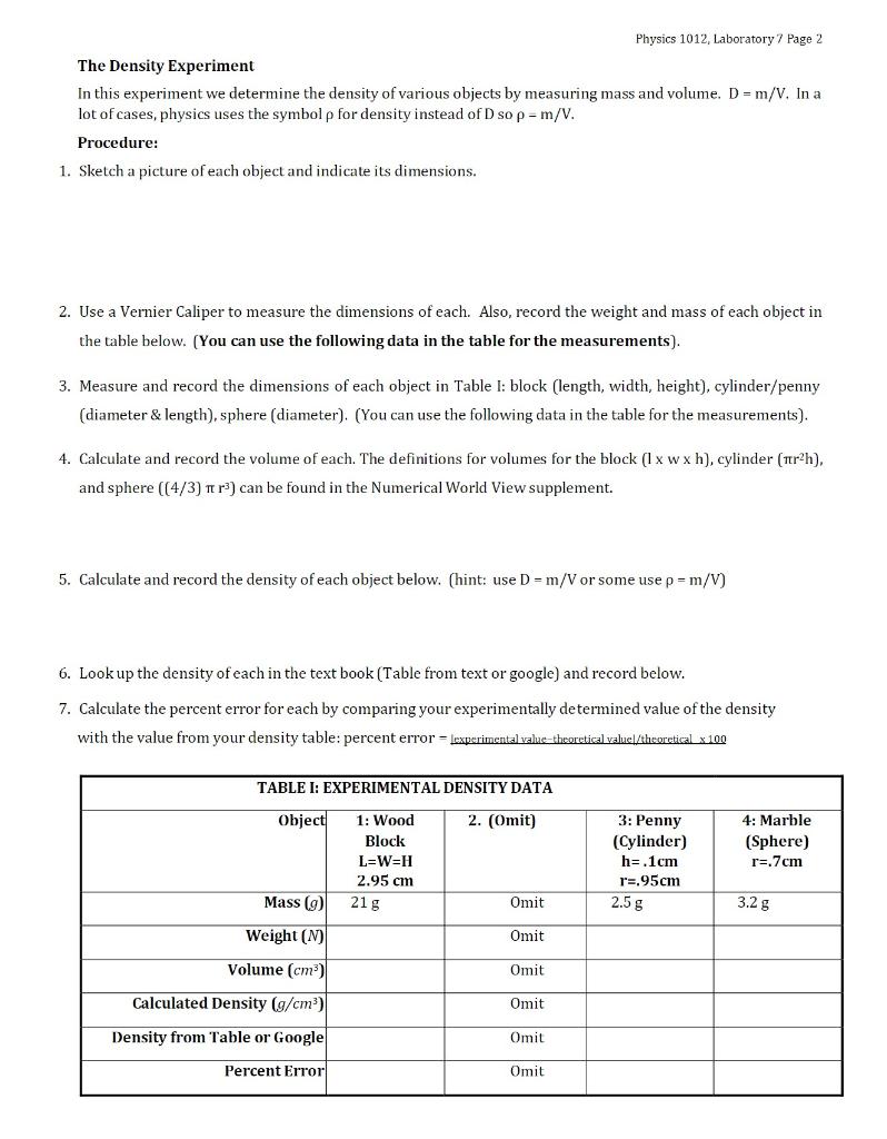 Solved Physics 1012, Laboratory 7 Page 2 The Density | Chegg.com