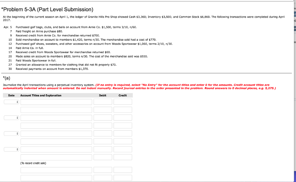 Solved *Problem 5-3A (Part Level Submission) At the | Chegg.com