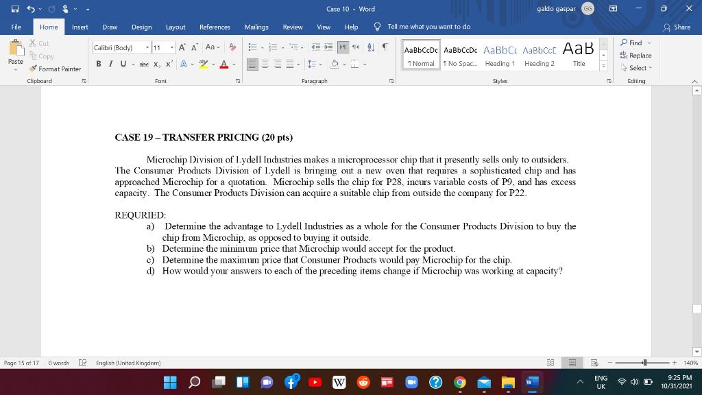 Solved Case 10 - Word galdo gaspar GG a х File Home Insert | Chegg.com