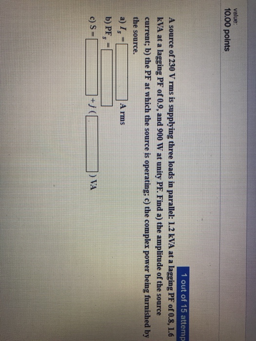 Solved A source of 230 V rms is supplying three loads in | Chegg.com