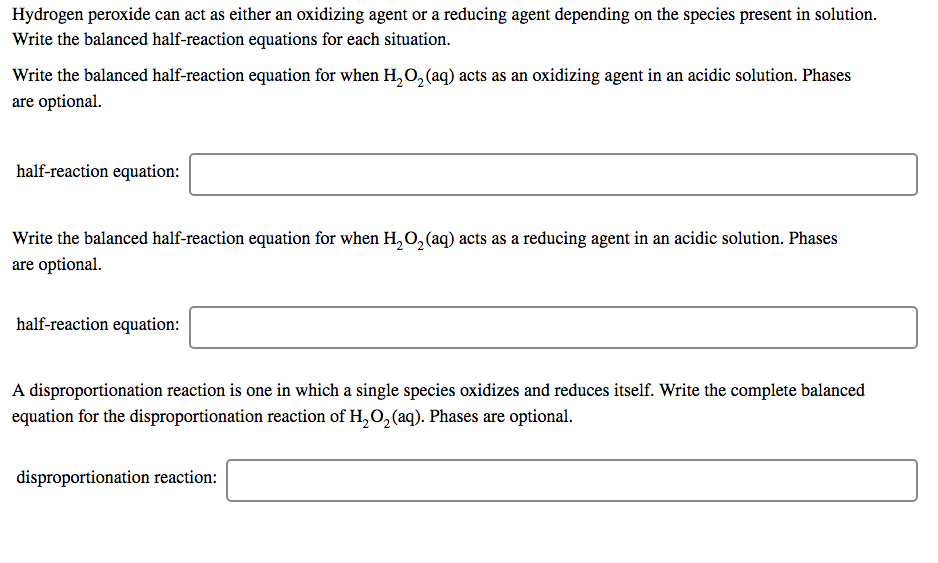 Solved Hydrogen peroxide can act as either an oxidizing | Chegg.com