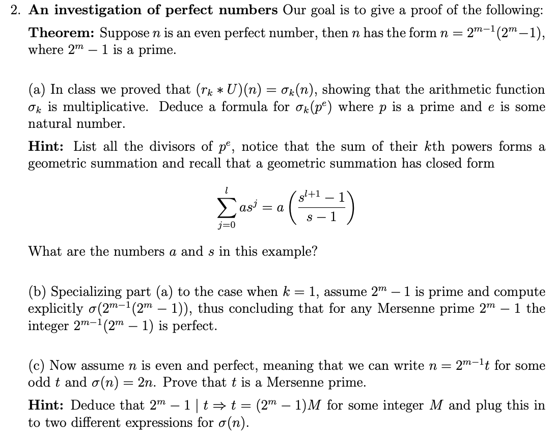 Solved 2. An investigation of perfect numbers Our goal is to | Chegg.com