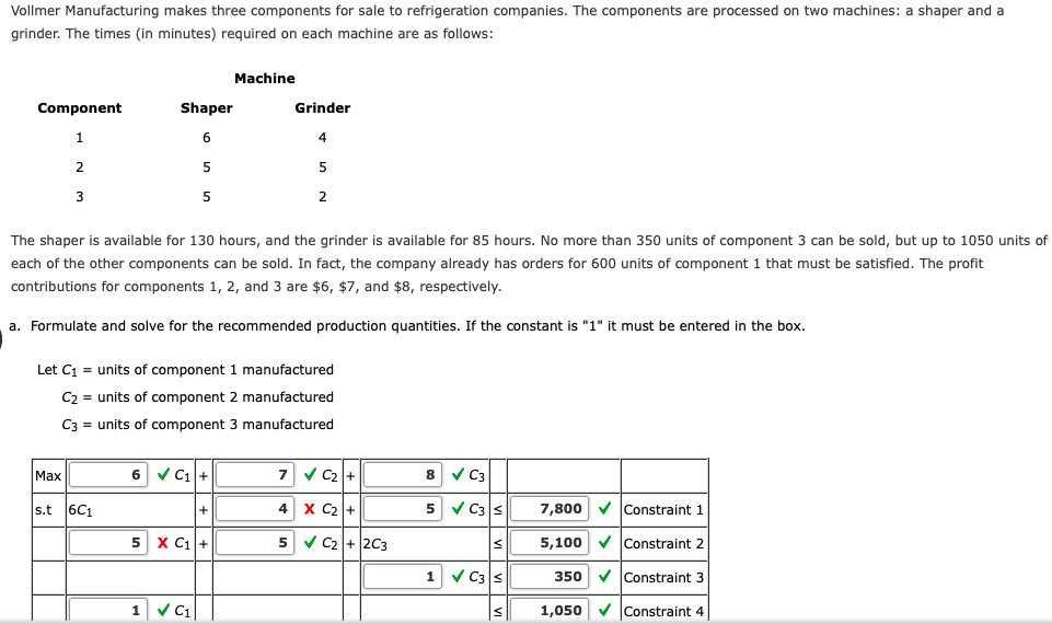 Vollmer Manufacturing makes three components for sale | Chegg.com