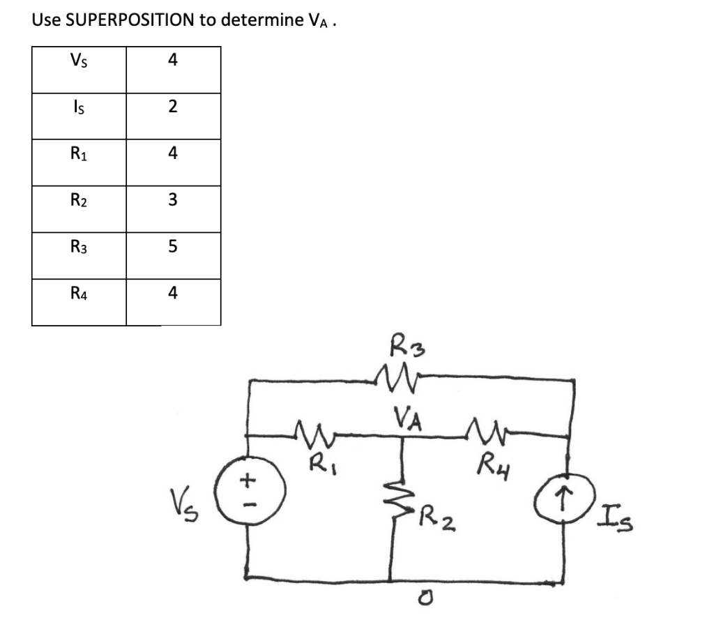 Solved Use SUPERPOSITION to determine Va. Vs 4 Is 2 R1 4 R2 | Chegg.com