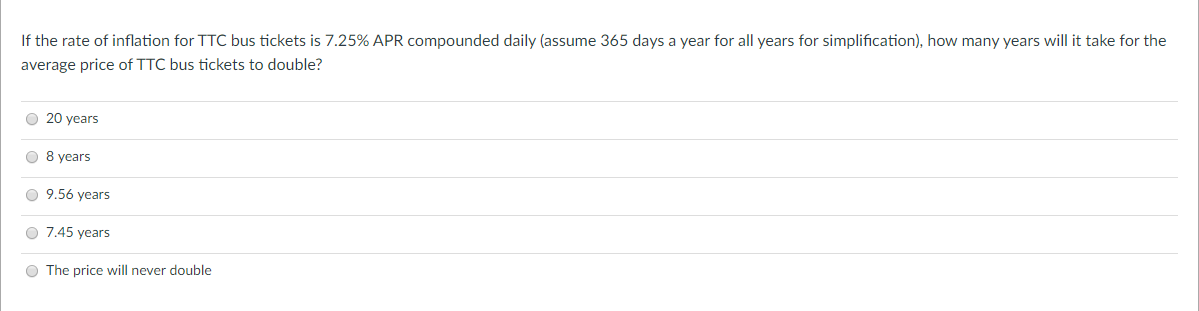 Solved If the rate of inflation for TTC bus tickets is 7.25% | Chegg.com