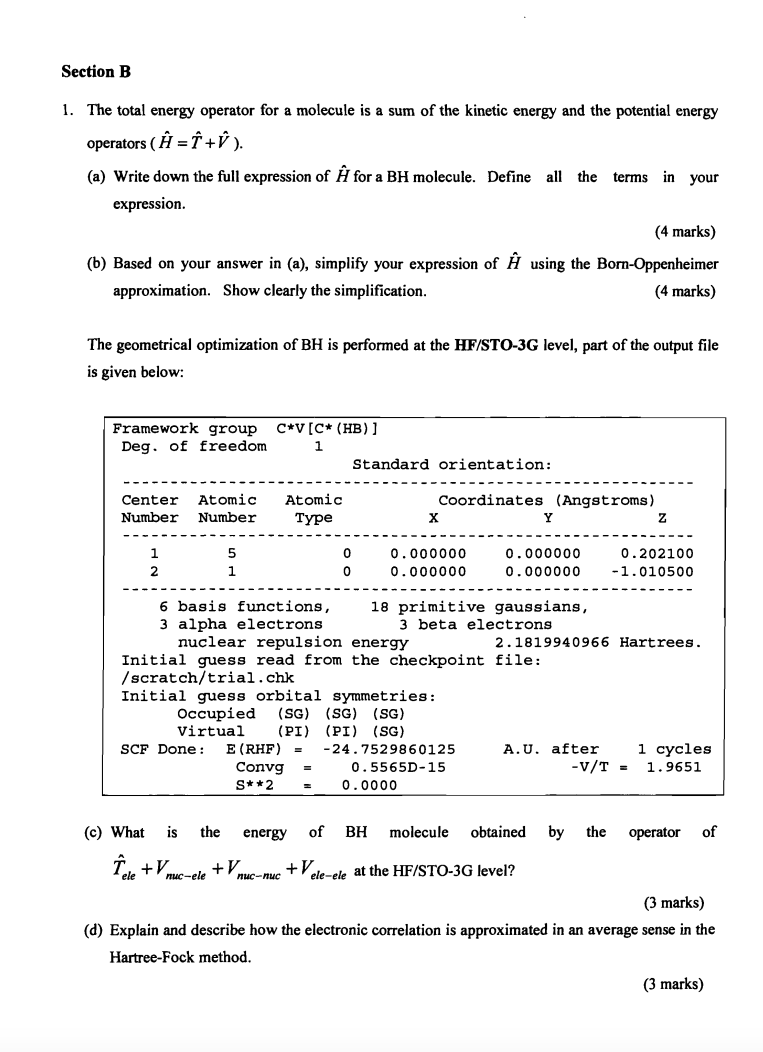 Section B 1. The total energy operator for a molecule | Chegg.com