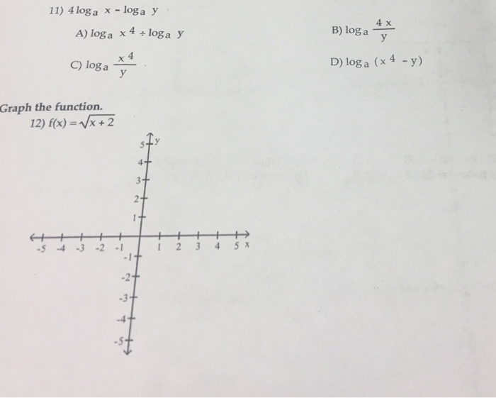 Solved 11) 4 loga x -loga y 4 x A) loga x 4 + loga y B) log | Chegg.com