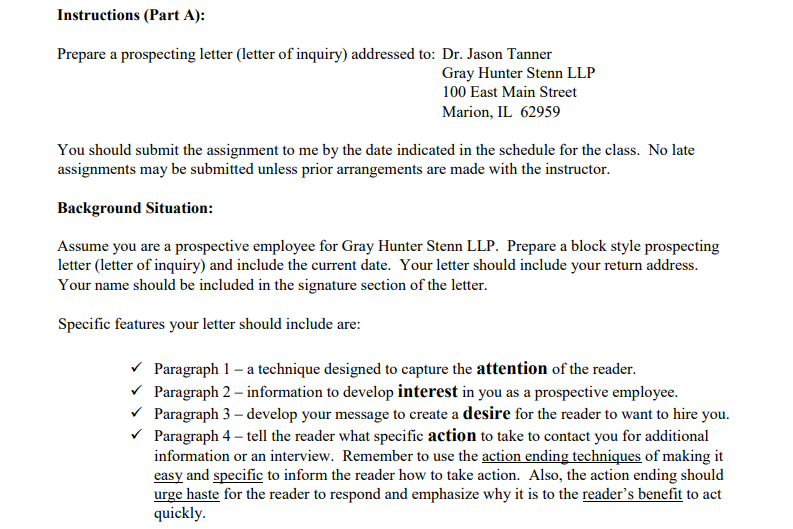 Instructions (Part A): Prepare a prospecting letter | Chegg.com