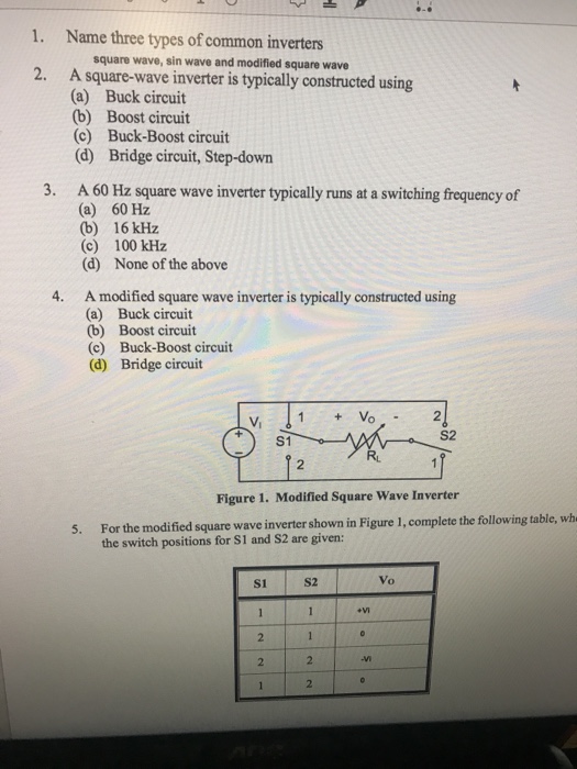 Solved 1. Name three types of common inverters square wave, | Chegg.com