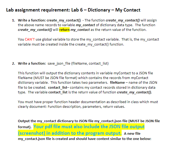 Solved Lab 6: Dictionary - My Contact Use dictionary to | Chegg.com