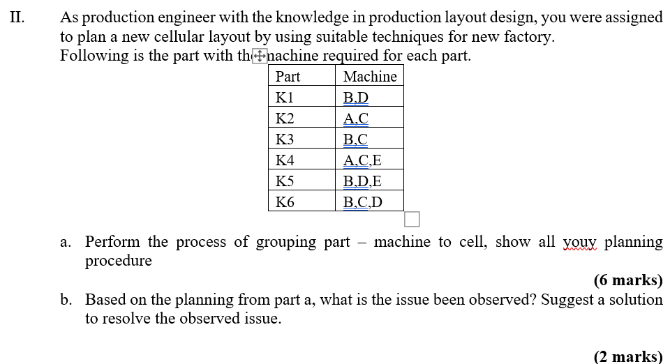 Solved II. As production engineer with the knowledge in | Chegg.com