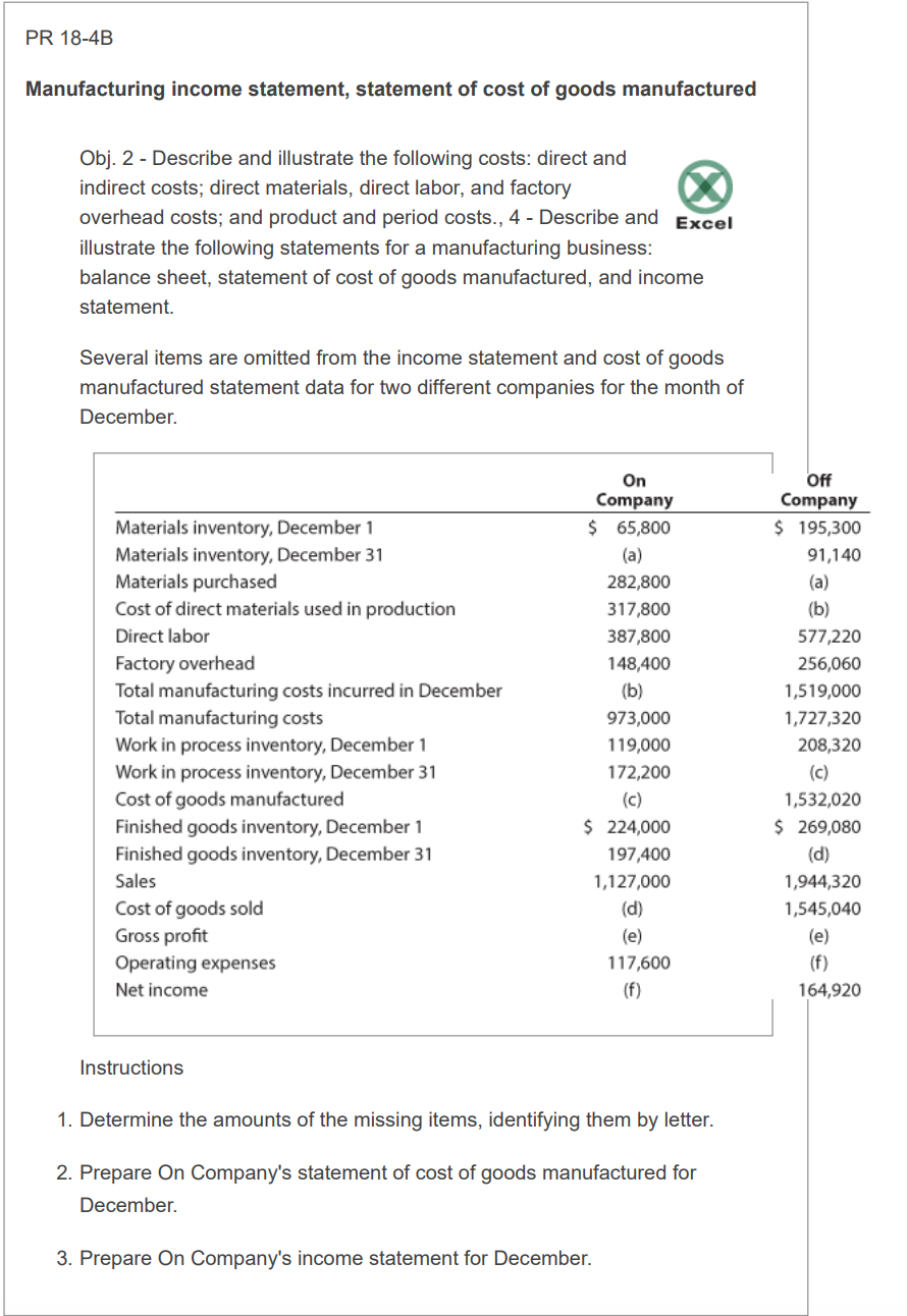 Solved PR 18-4B Manufacturing income statement, statement of | Chegg.com