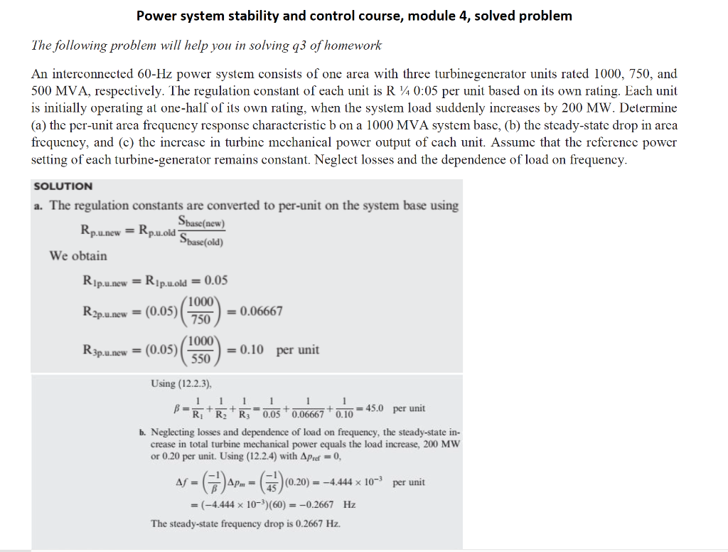Solved 3. An area of an interconnected 60-Hz power system | Chegg.com