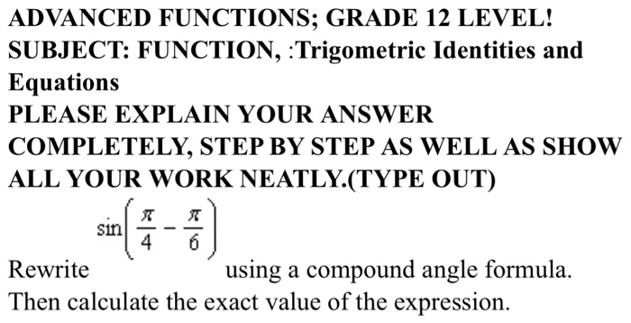 Solved ADVANCED FUNCTIONS; GRADE 12 LEVEL! SUBJECT: | Chegg.com