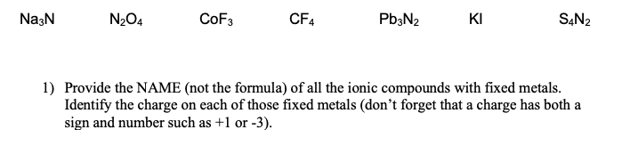 Solved Na3N N204 CoF3 CF4 Pb3N2 KI SAN2 1) Provide the NAME | Chegg.com