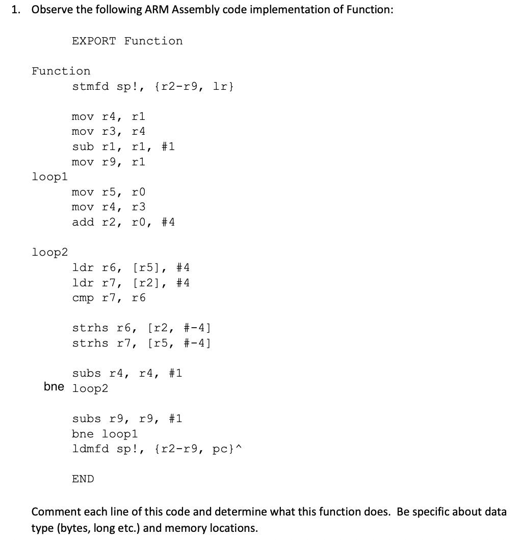 Solved 1. Observe the following ARM Assembly code | Chegg.com