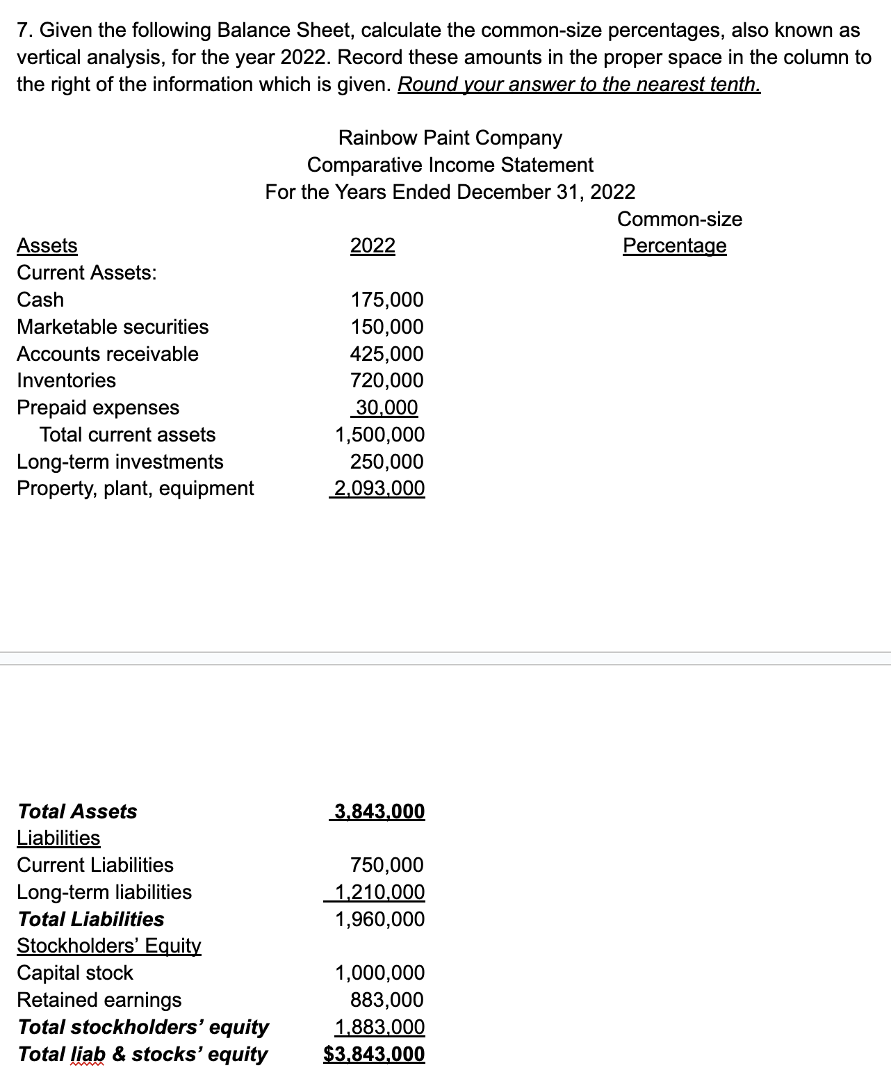 Solved 7. Given the following Balance Sheet, calculate the | Chegg.com