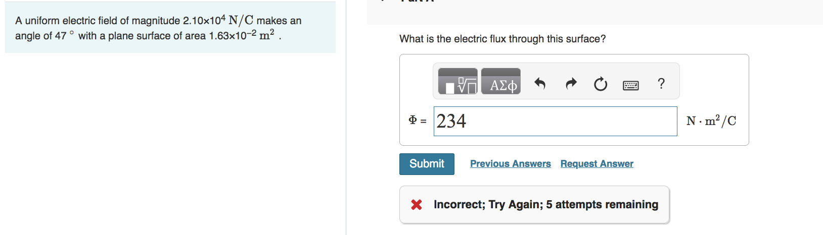 [Solved]: A uniform electric field of magnitude 2.10104N/C