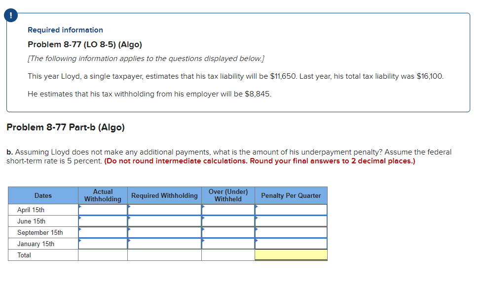 Solved Required information Problem 8-77 (LO 8-5) (Algo) | Chegg.com