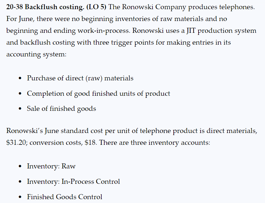 Solved 20-38 Backflush costing. (LO 5) The Ronowski Company | Chegg.com